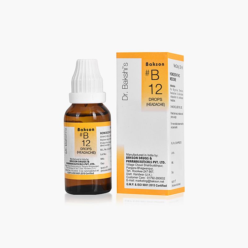 Bakson Homeopathic B12 Drop (30ml) for Relieves Migraine, Headaches ...